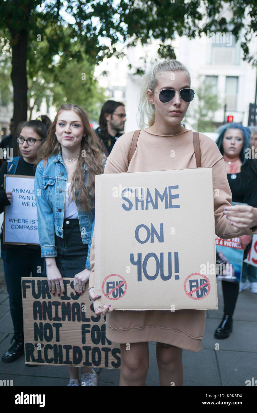 LONDON, ENGLAND - September 15, 2017 Anti fur protest during the London ...