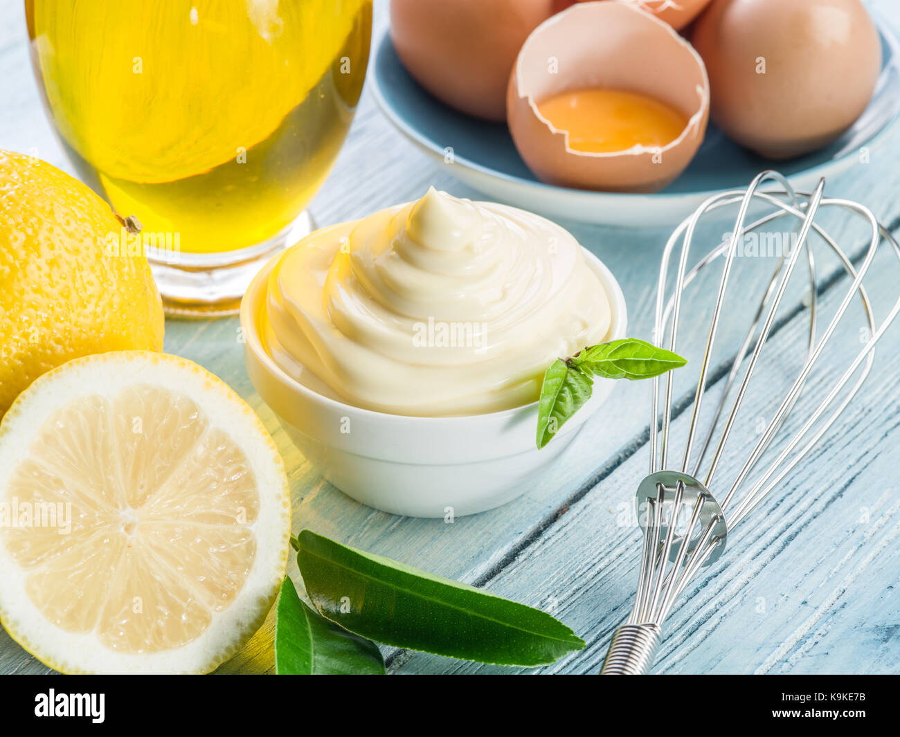 Natural mayonnaise ingredients and the sauce itself Stock Photo - Alamy