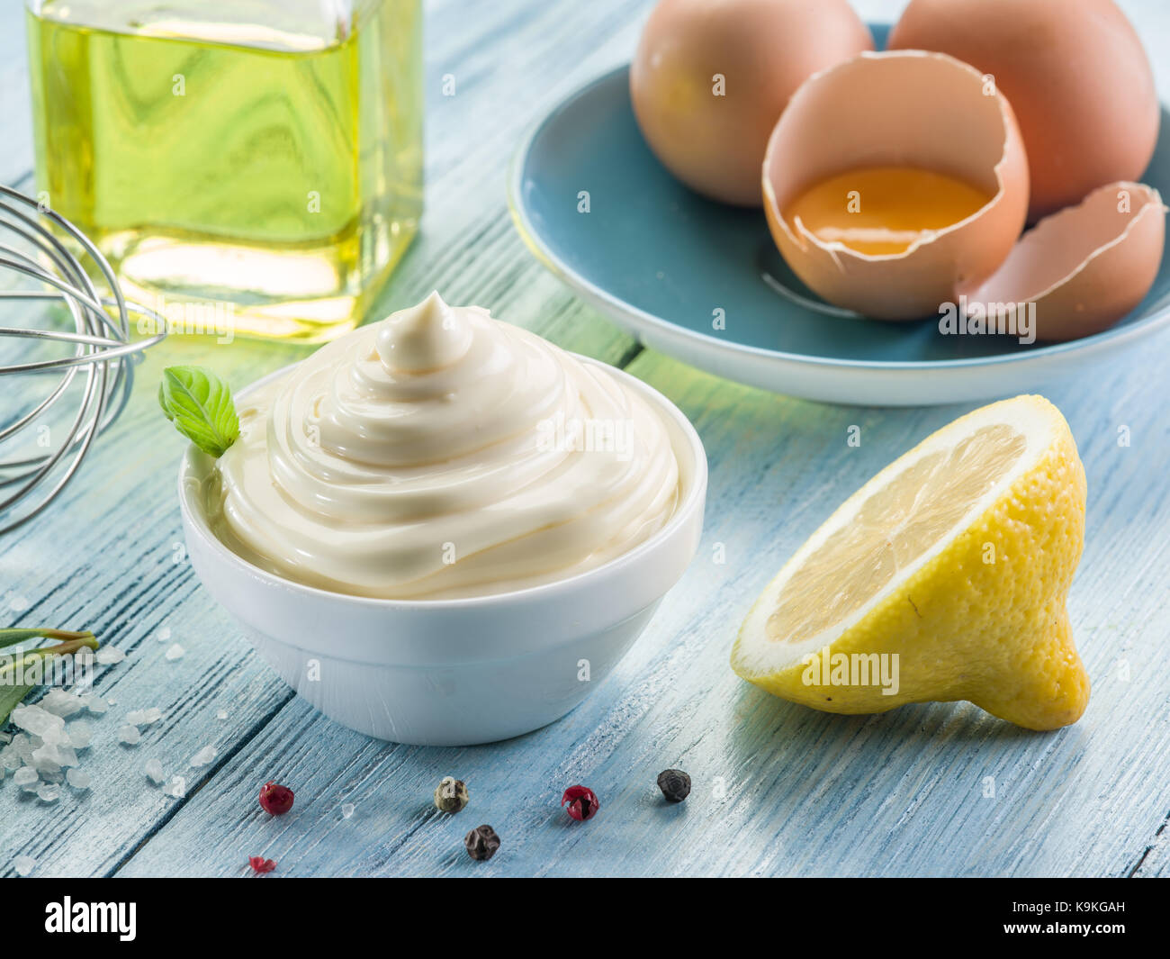 Natural mayonnaise ingredients and the sauce itself Stock Photo - Alamy