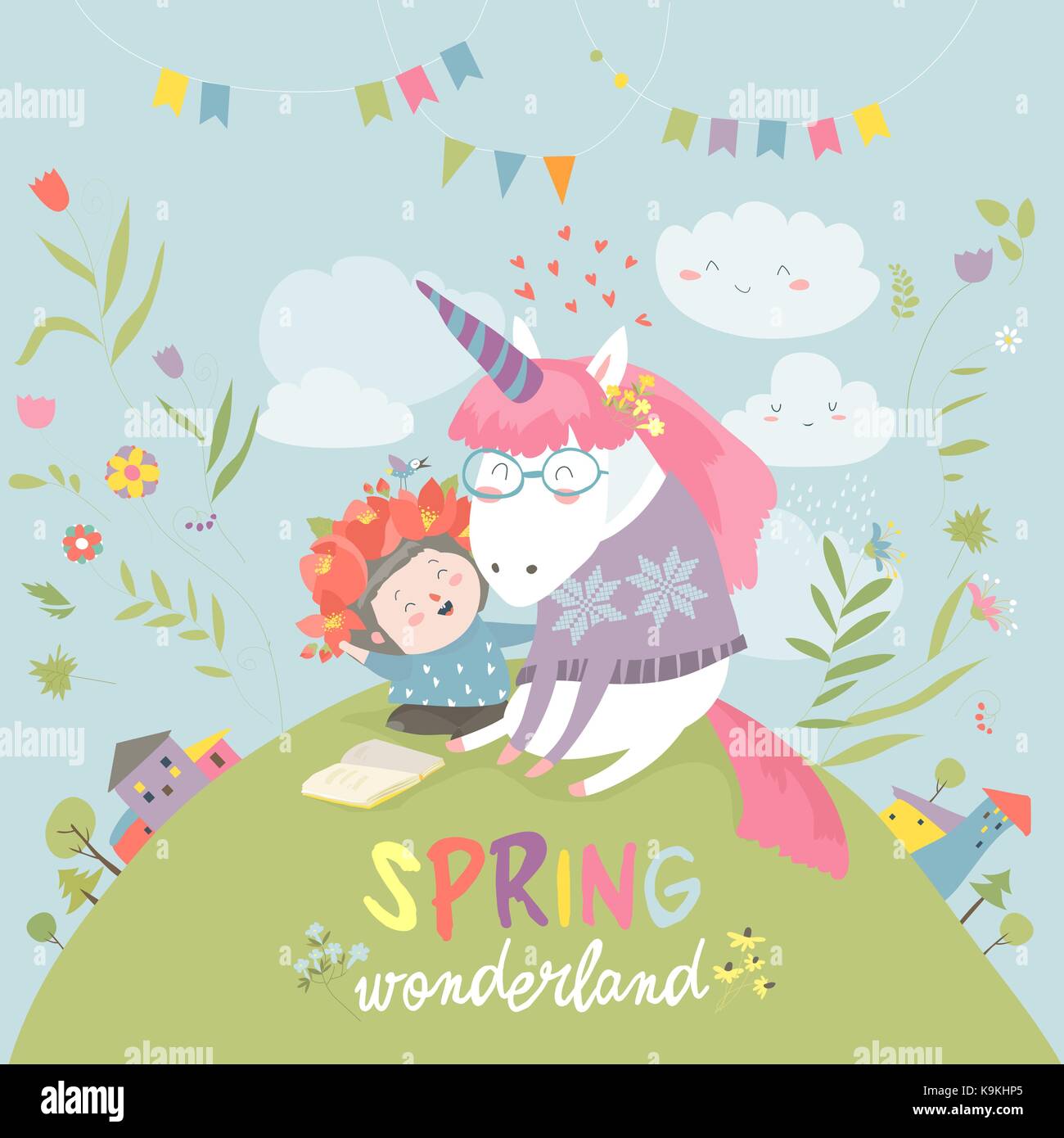 Cute girl hugging unicorn. Spring wonderland Stock Vector Image & Art ...