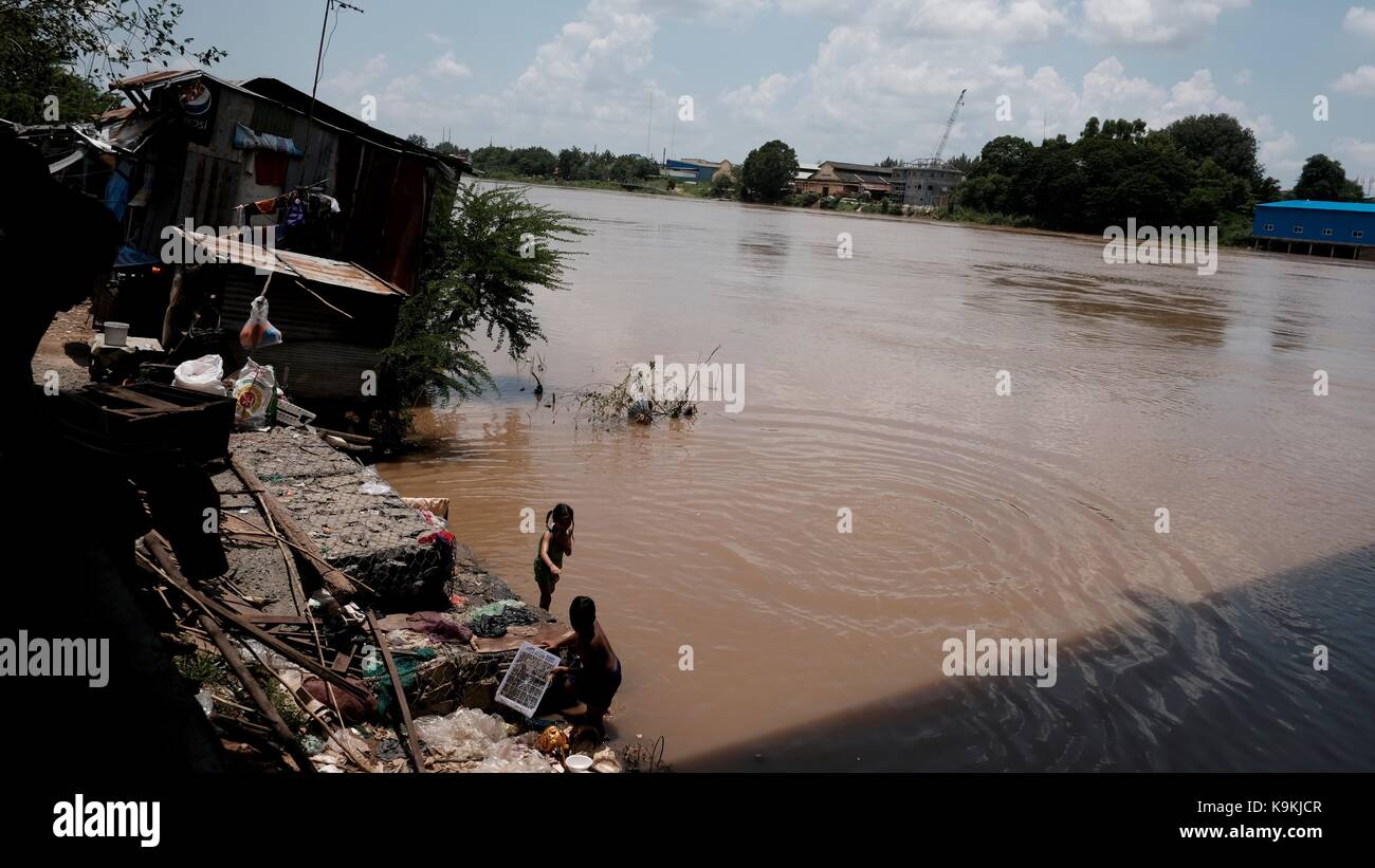 Phnom Penh Cambodia Monivong Bridge Bassac River Slum Area Stock Photo ...