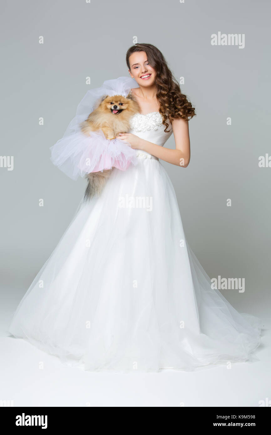 beautiful bride young woman holding spitz dog bride in skirt and veil ...