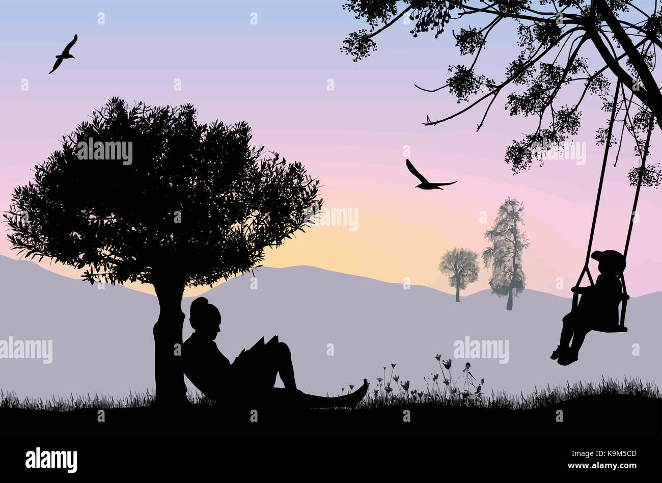 Silhouette Of Boy Reading Under Tree