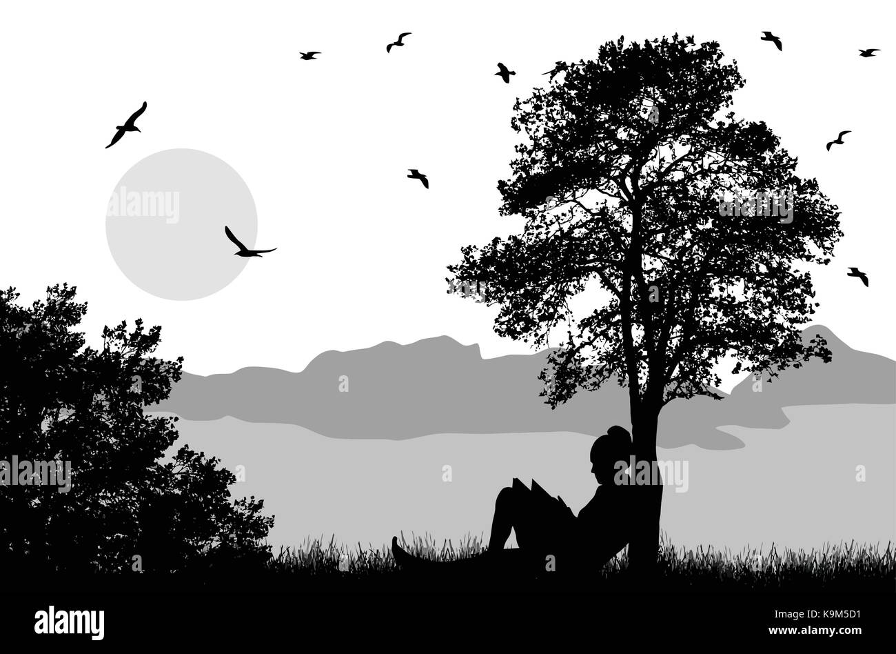 Woman reading a book under the tree on beautiful landscape, vector ...