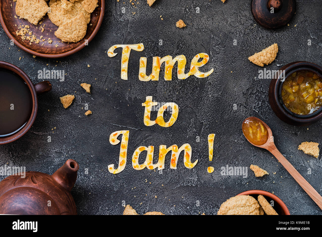 Food typography Time to Jam on dark background. Orange jam lettering ...