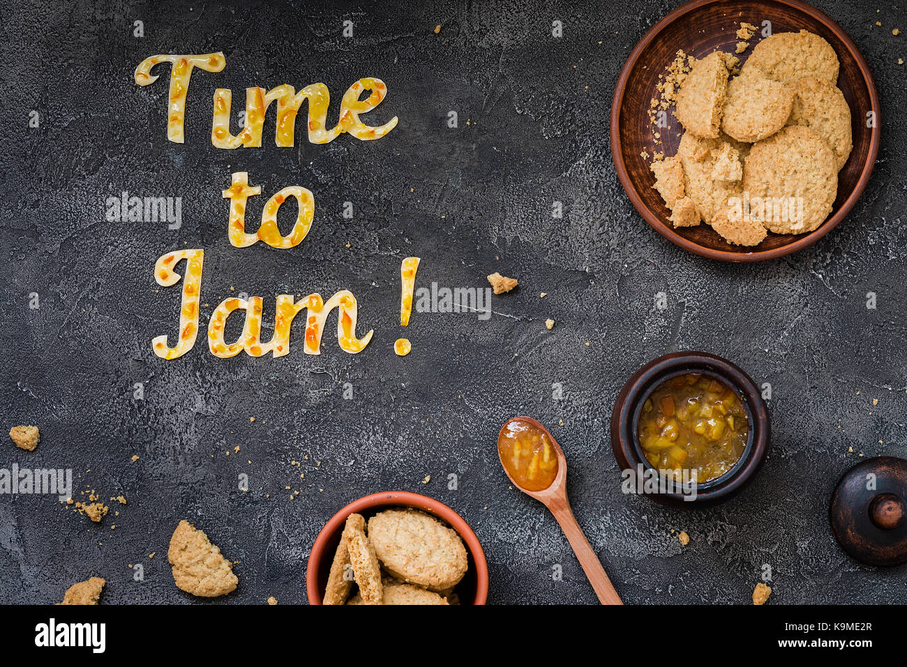 Food typography Time to Jam on dark background. Orange jam lettering ...