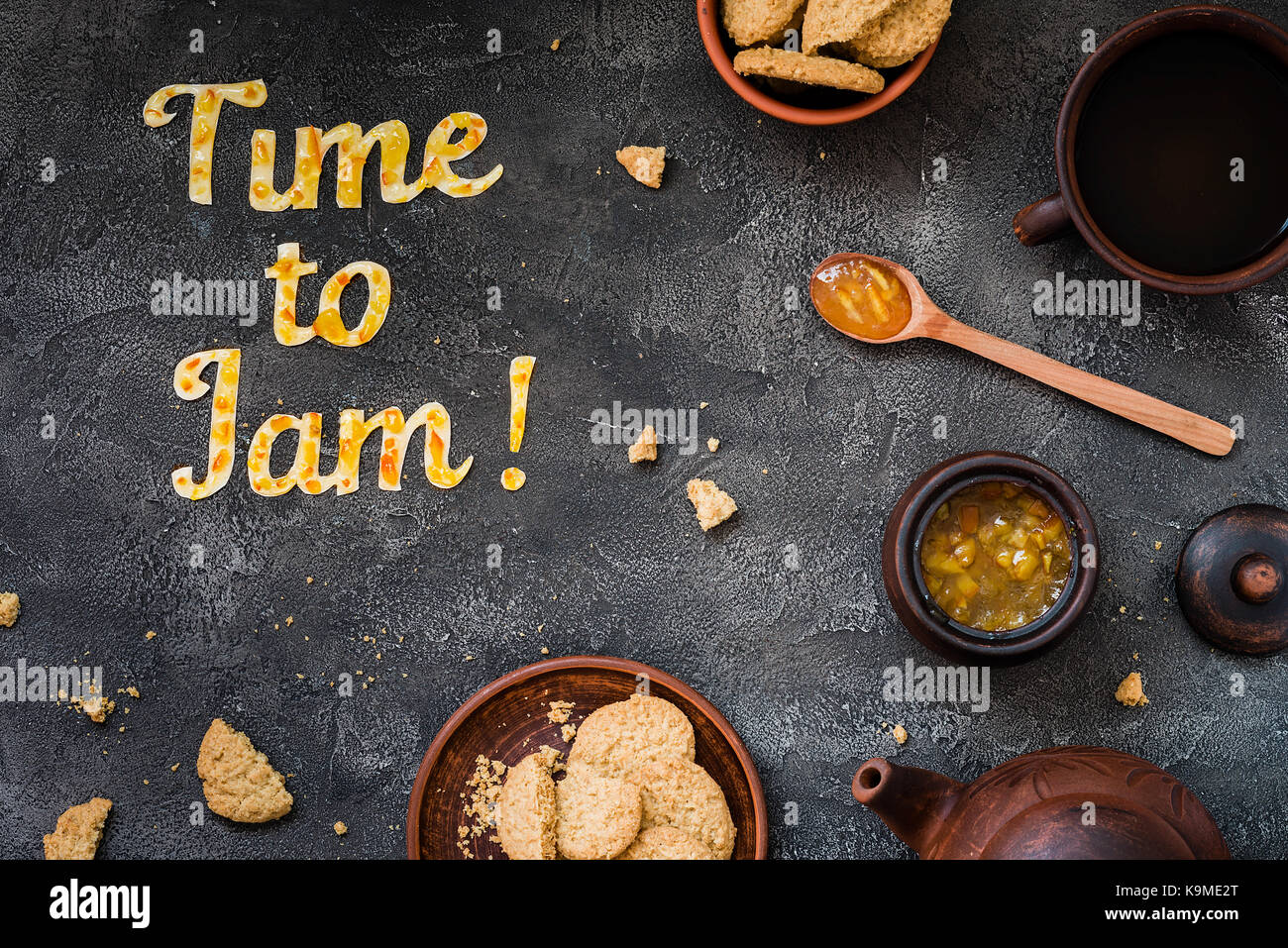 Food typography Time to Jam on dark background. Orange jam lettering ...