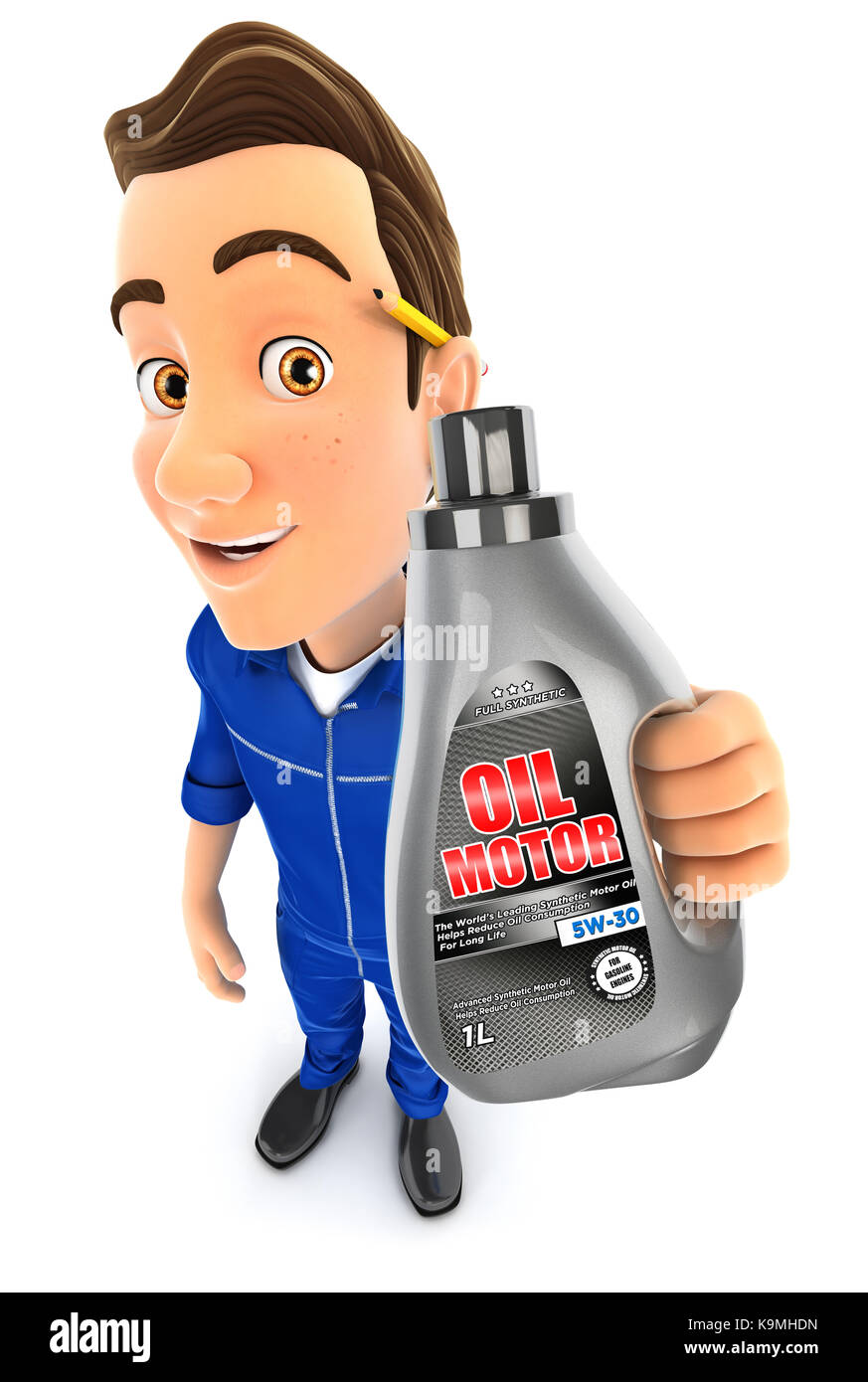 3d mechanic holding oil motor canister, illustration with isolated ...