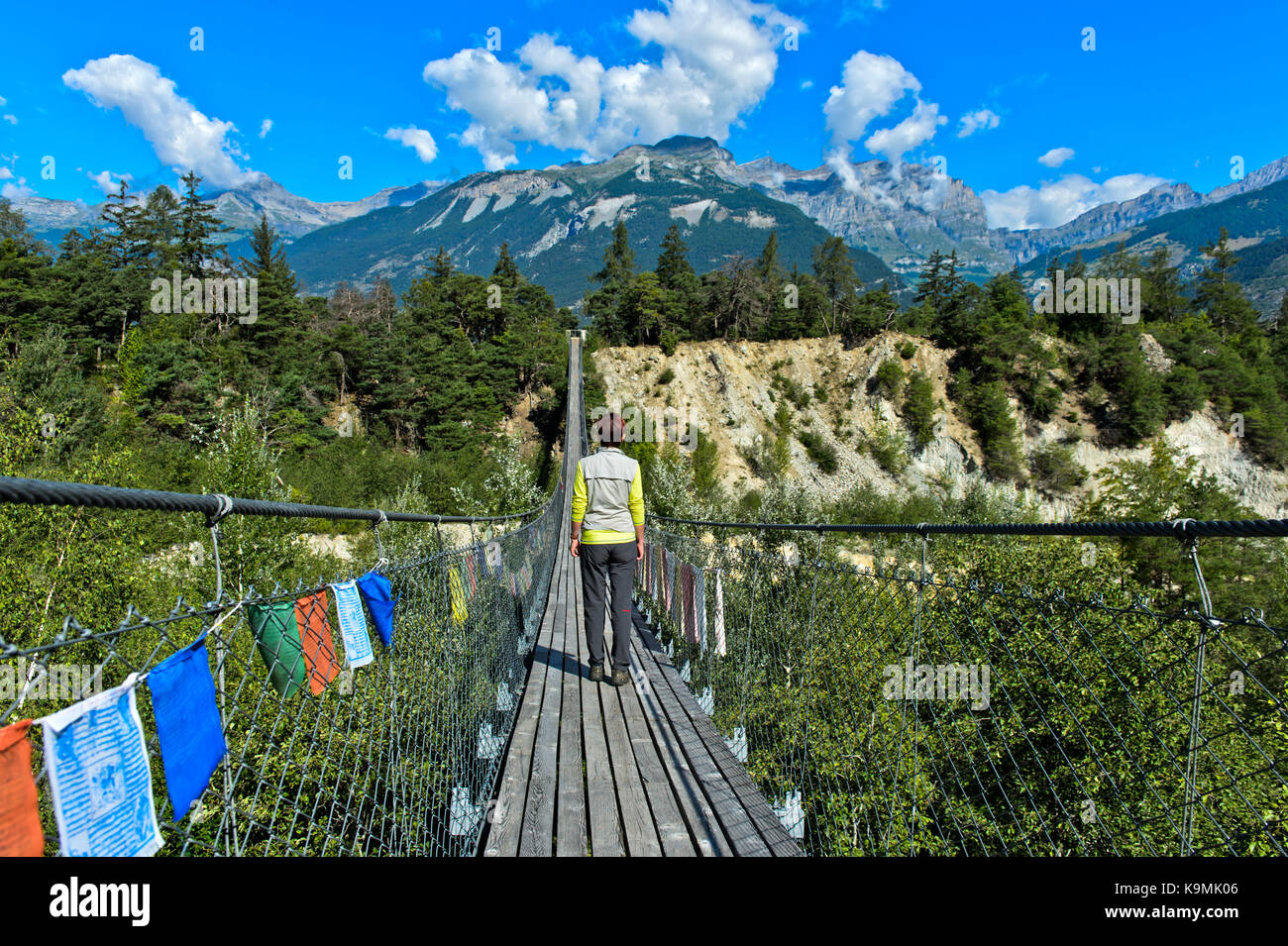 Traditional Bhutanese hanging walkway, Bhutan bridge, over Illgraben ...