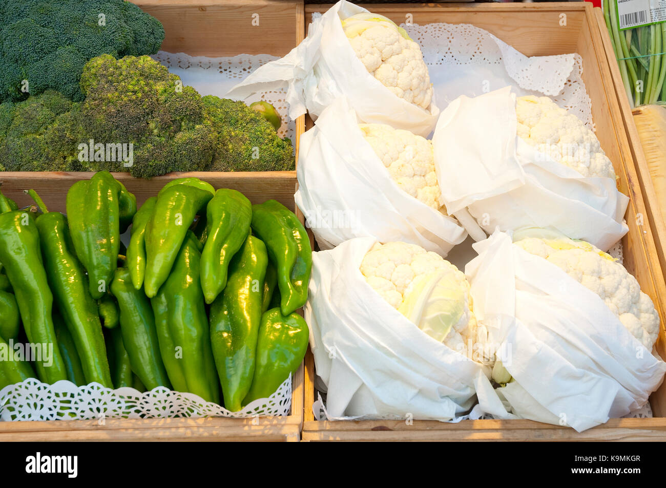 Broccoli, green peppers and cauliflowers. San Miguel market, Madrid ...