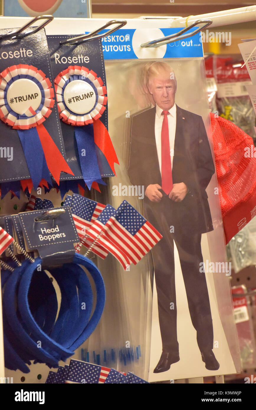 Donald trump supporters goods for sale in a high street shopping street ...