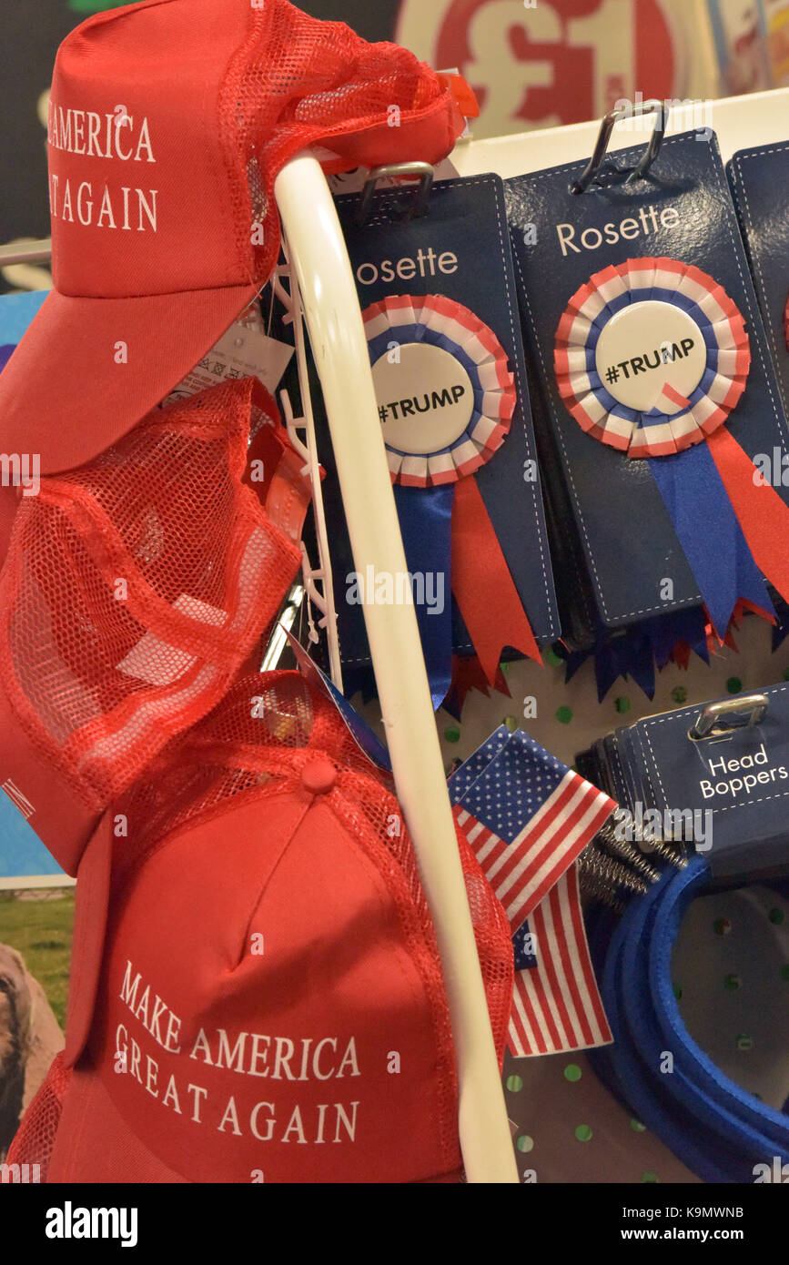 Donald trump supporters goods for sale in a high street shopping street ...