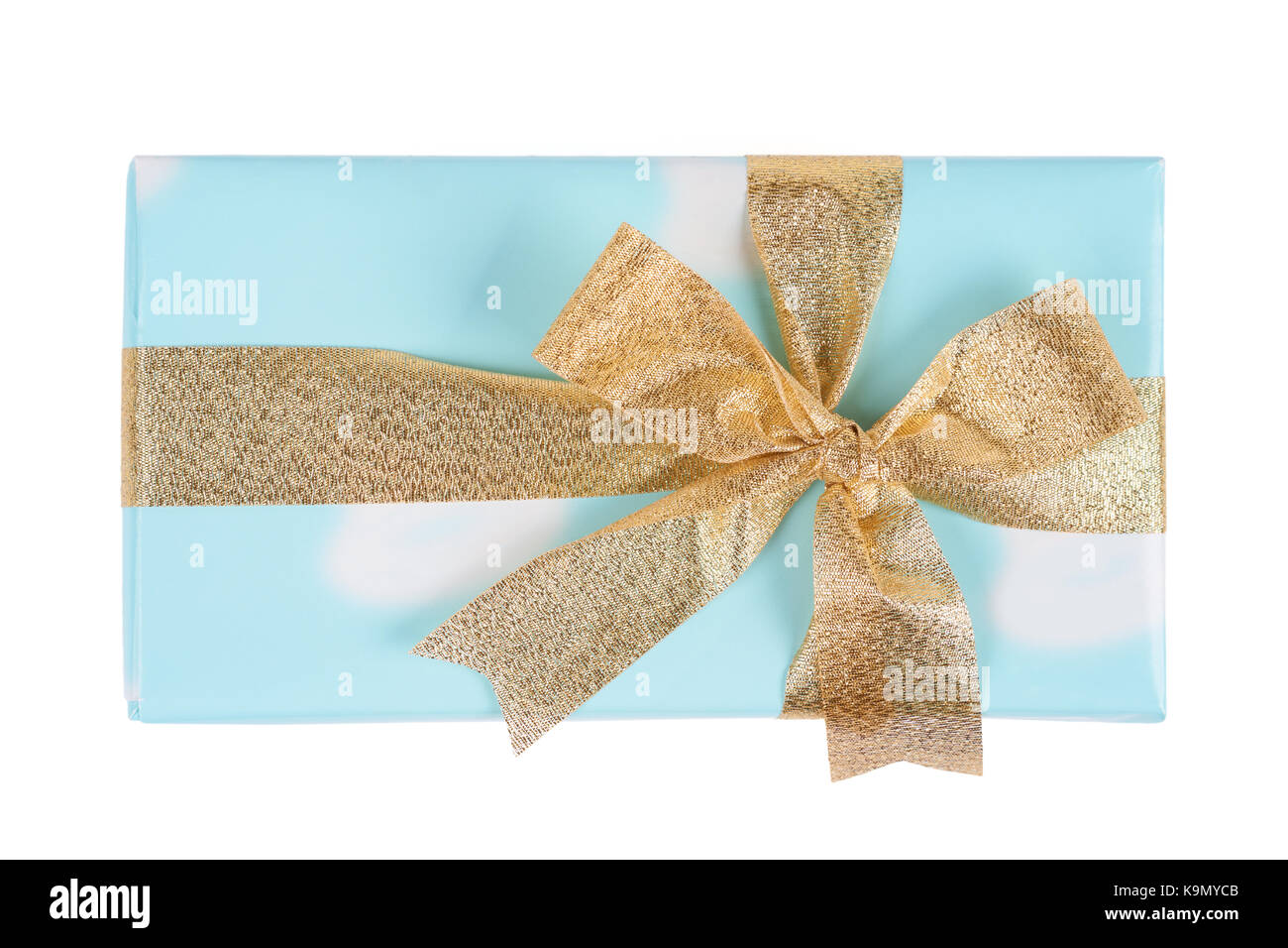 Upper view on blue box with present tied by golden ribbon isolated on ...