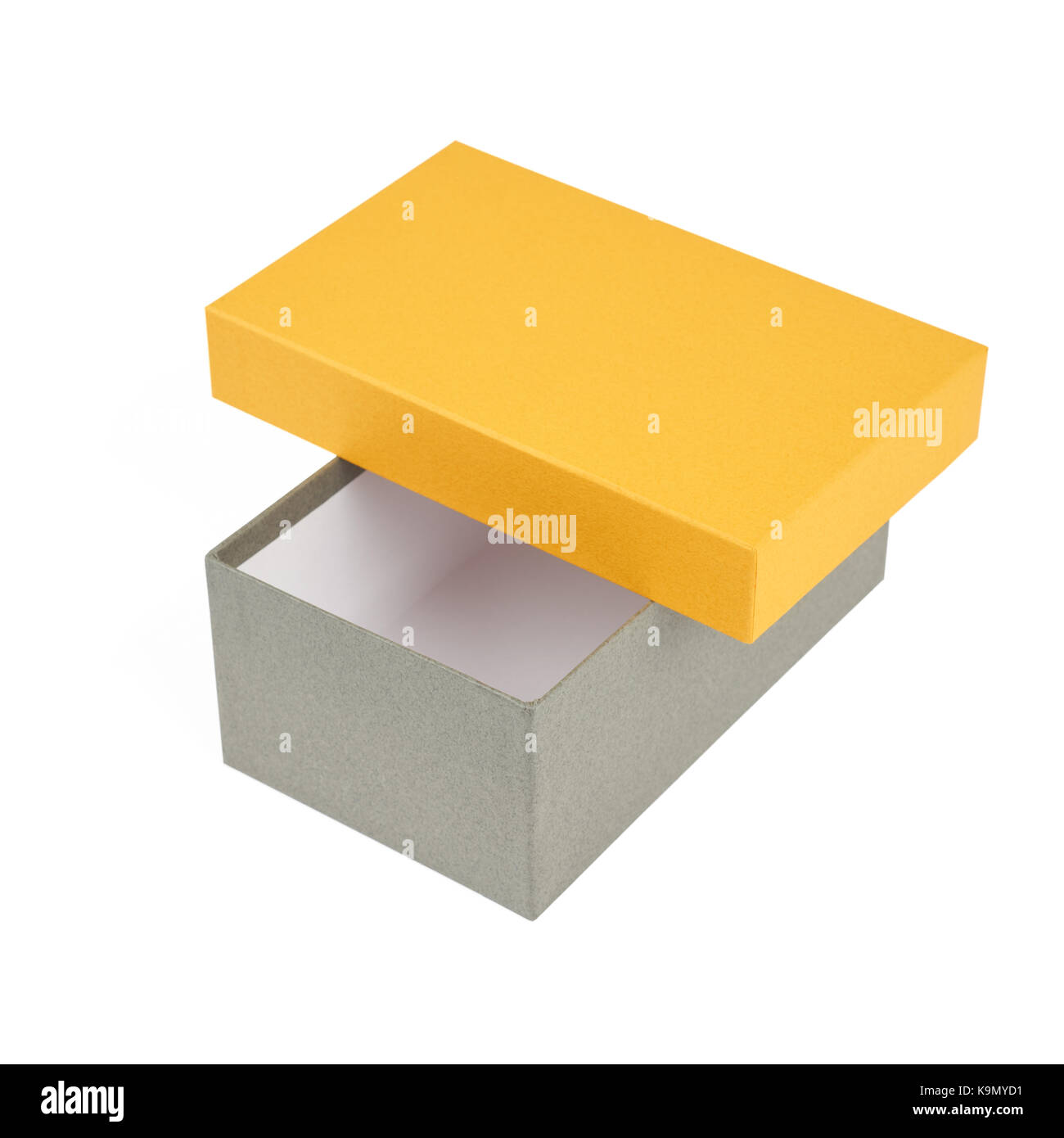 Open gray box with yellow cover isolated on white Stock Photo - Alamy