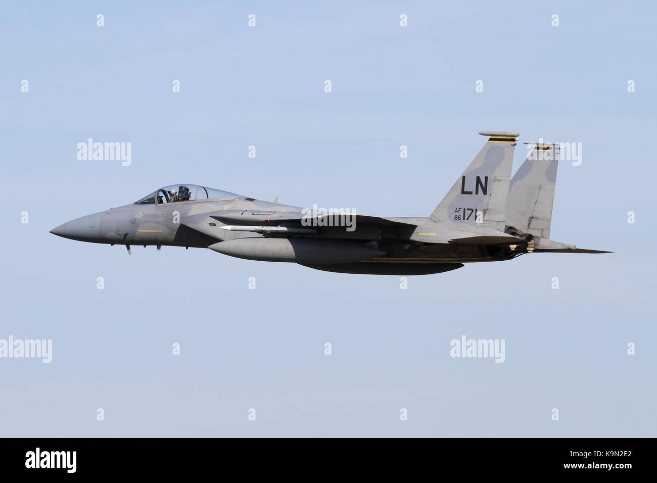 USAF F-15C Eagle from the 493rd Fighter Squadron accelerating away ...
