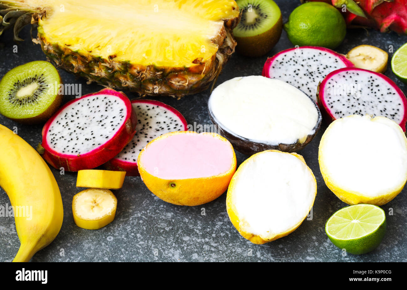 Assortment of sorbet with natural exotic fruits Stock Photo - Alamy