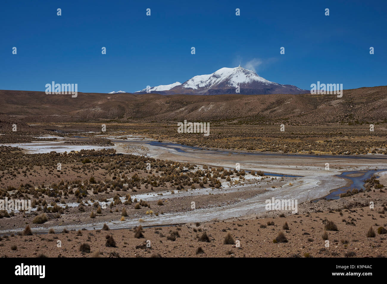Snow capped peak of Volcano Guallatiri towering over the Lauca River ...
