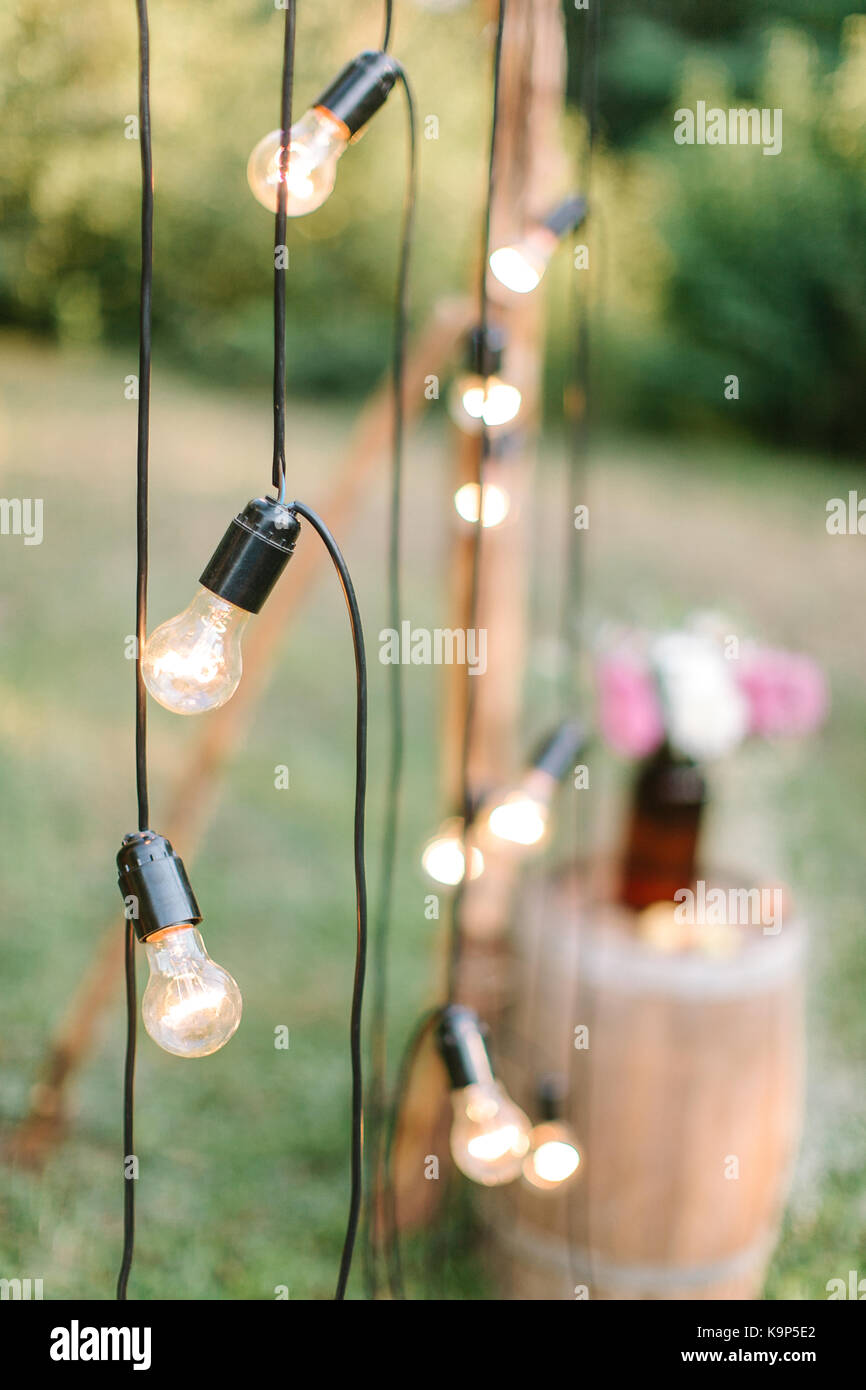 decoration, illumination, wedding concept. close up of wonderful ...