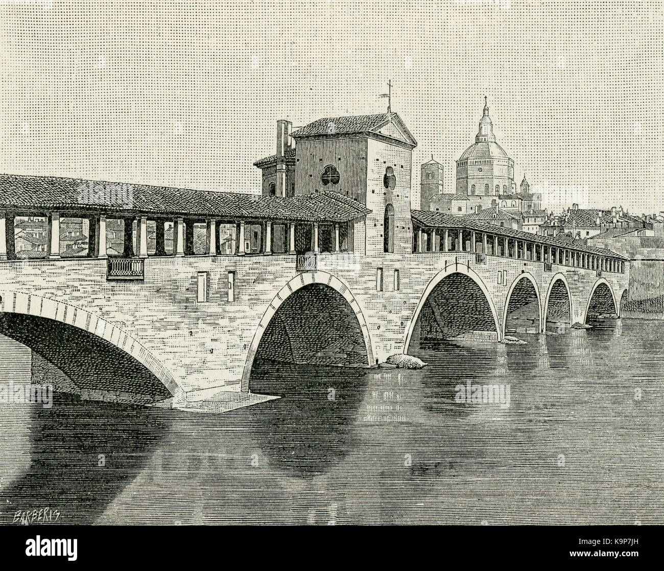 Pavia ponte coperto sul Ticino, xilografia di Barberis Stock Photo - Alamy
