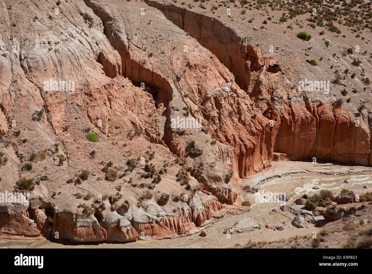 Colourful eroded rock formations along Quebrada Chuba, a river valley ...