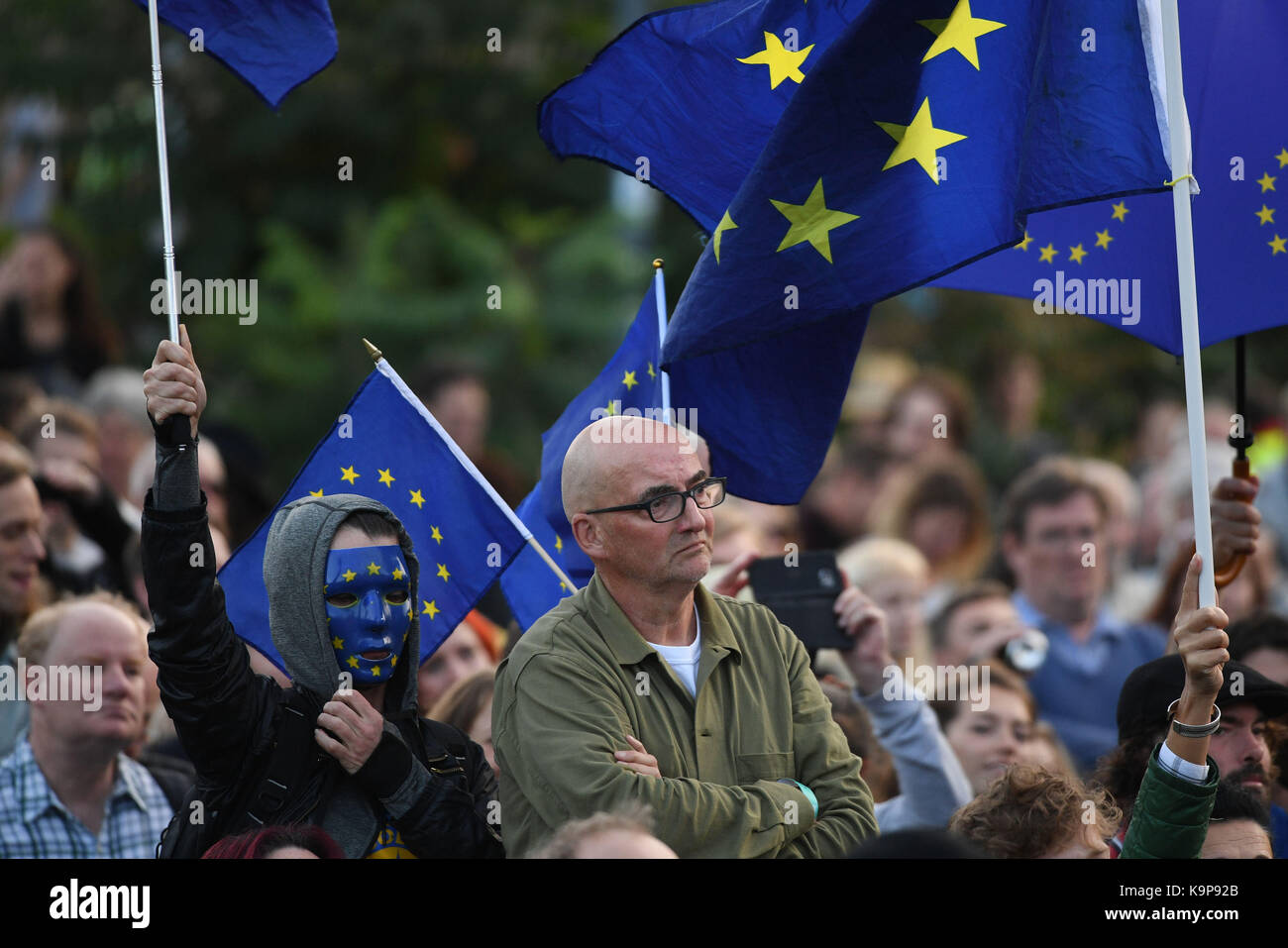 People with EU Flags in the crowd as Labour leader Jeremy Corbyn ...