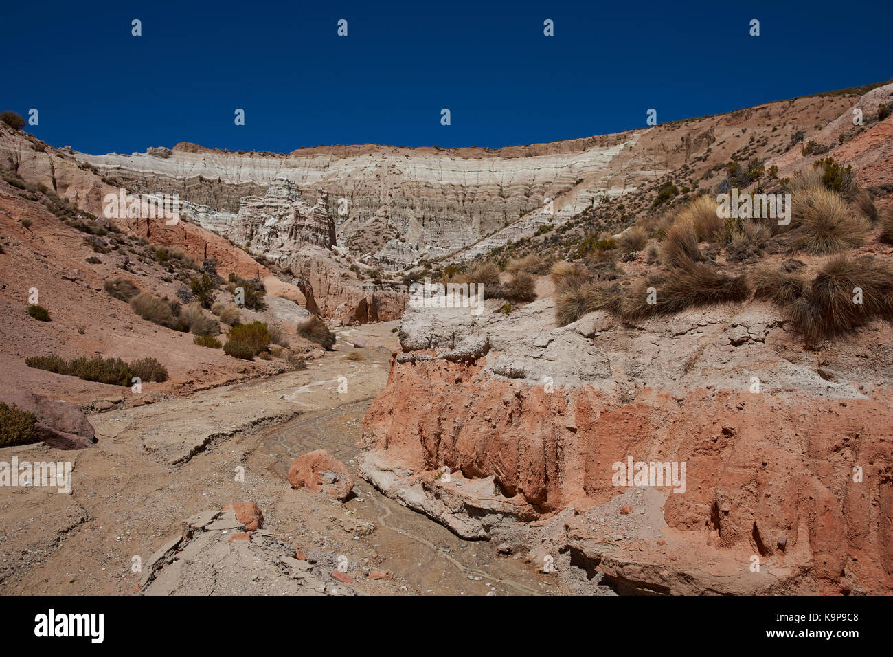 Colourful eroded rock formations along Quebrada Chuba, a river valley ...