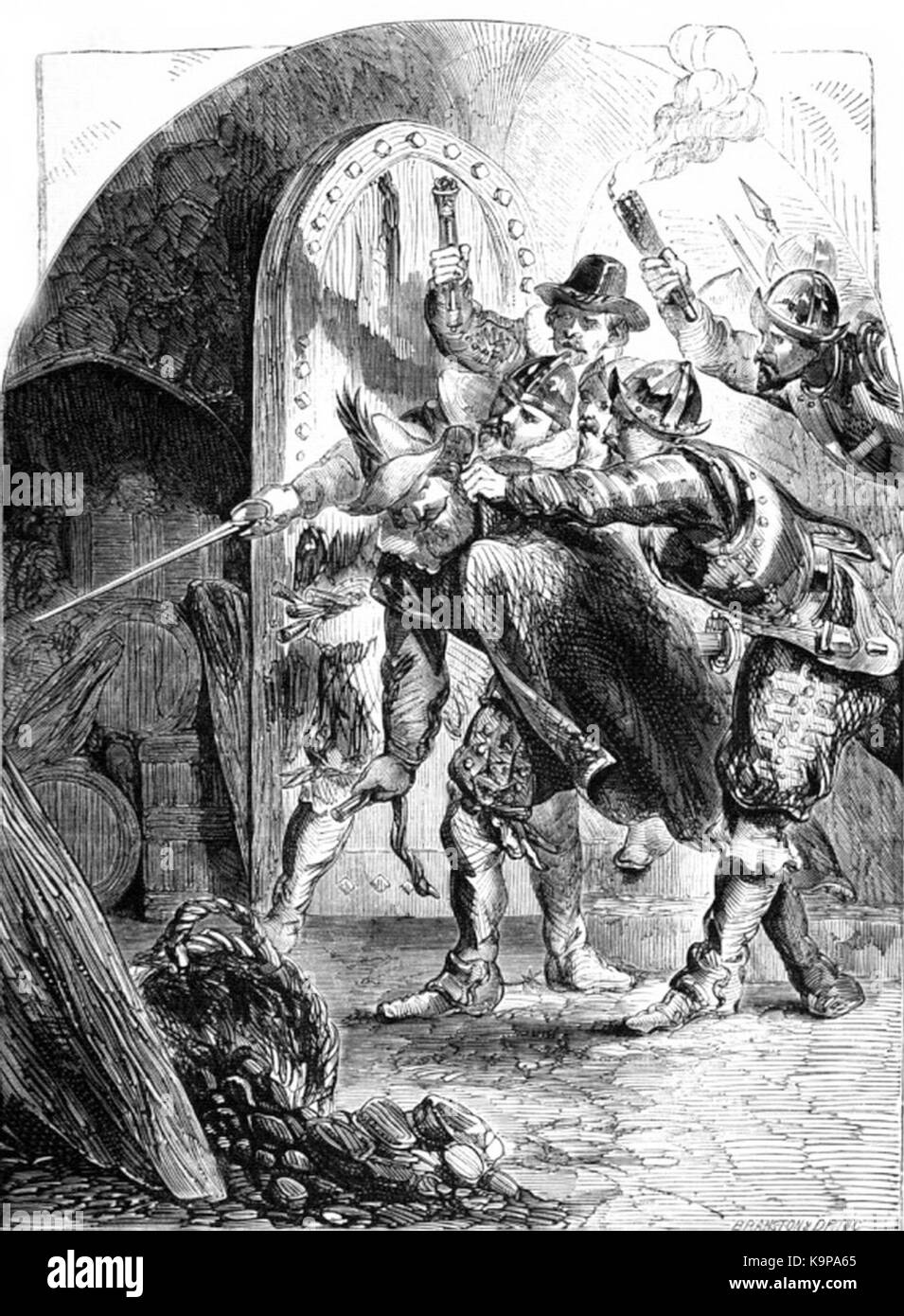 This historical image portrays the arrest of Guy Fawkes, a key figure ...