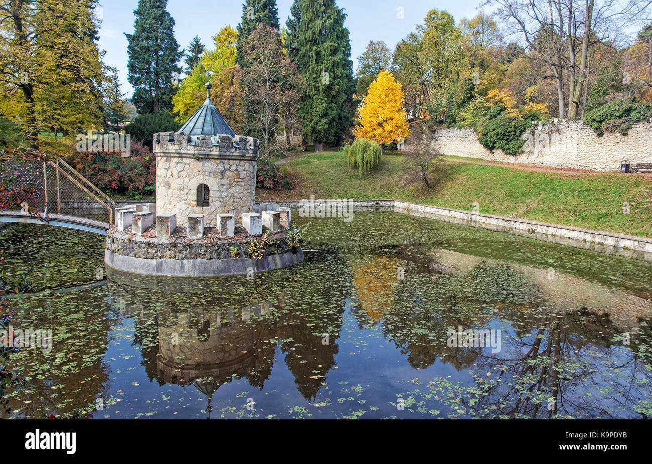 Turret in Bojnice, autumn park, lake and colorful trees. Slovak ...