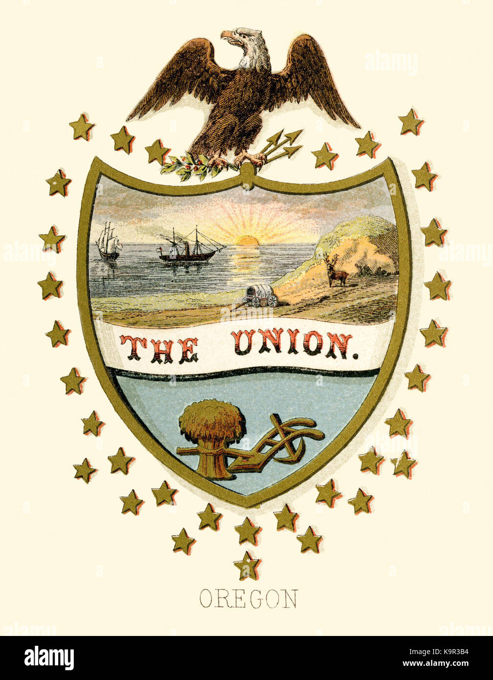 This image features the illustrated coat of arms of Oregon, created in ...