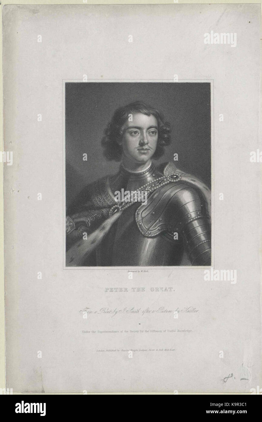 This engraving depicts Peter I, also known as Peter the Great, after a ...
