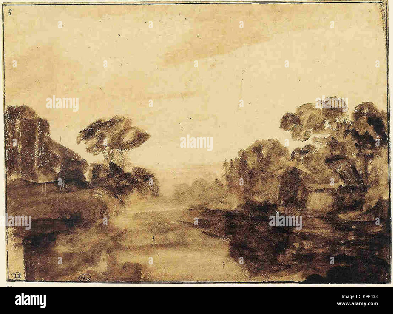 This work depicts a river scene with trees, showcasing Rembrandt's ...