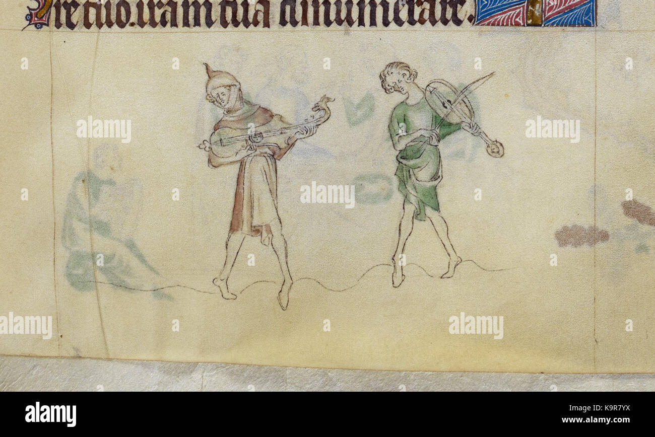 Queen Mary Psalter two men dancing playing citole and rebec Stock Photo ...