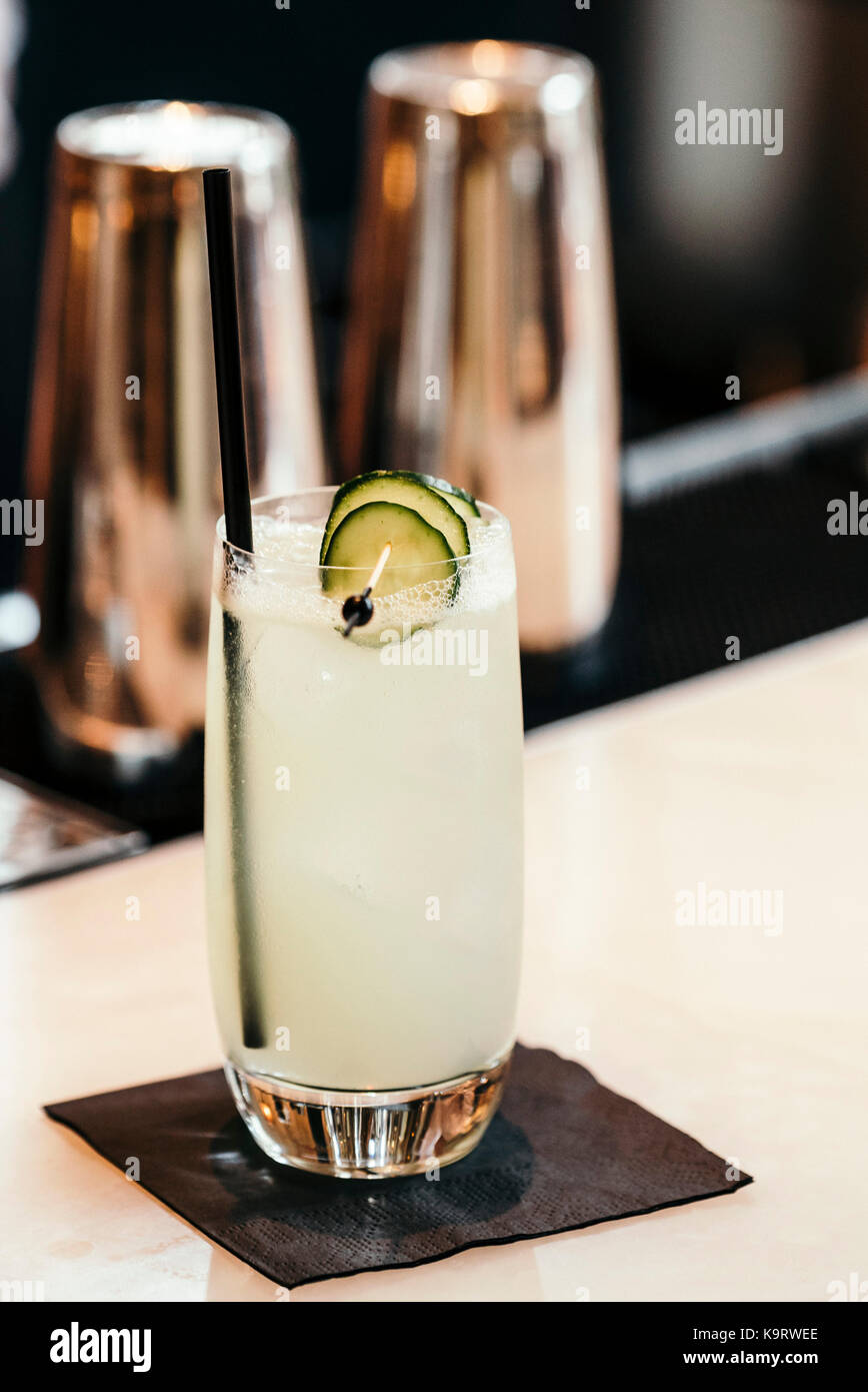 Pisco Chilcano cocktail served at Nobu Downtown circular bar Stock ...