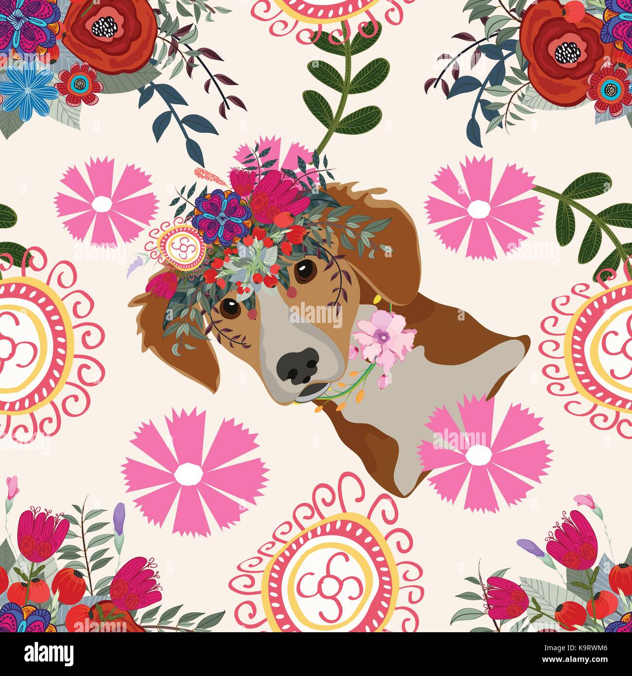 Dog floral background pattern, flower, seamless Stock Vector Image ...