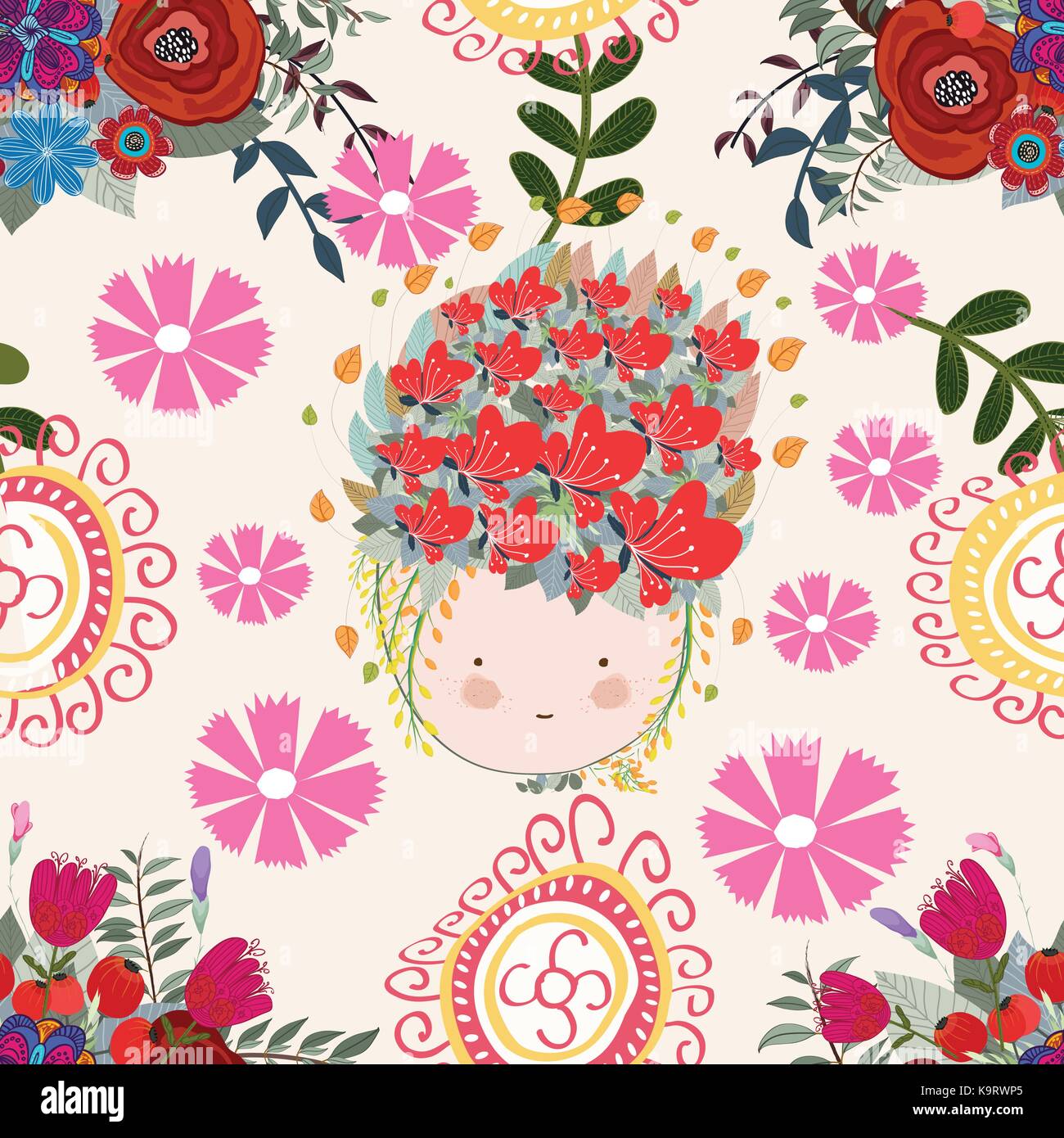 Girl face floral background pattern, flower, seamless Stock Vector ...