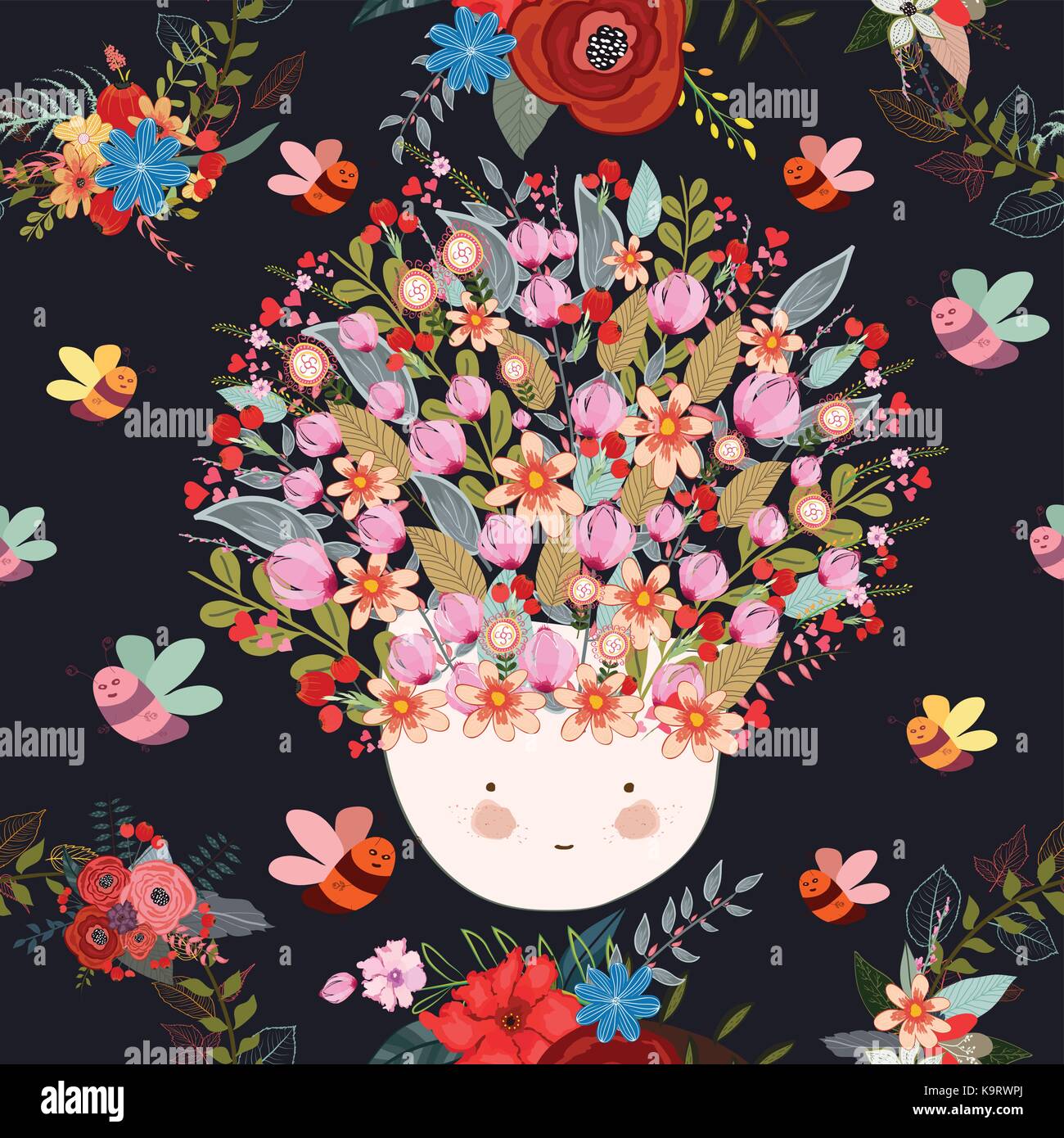Bee and girl face floral background pattern, flower, seamless Stock ...
