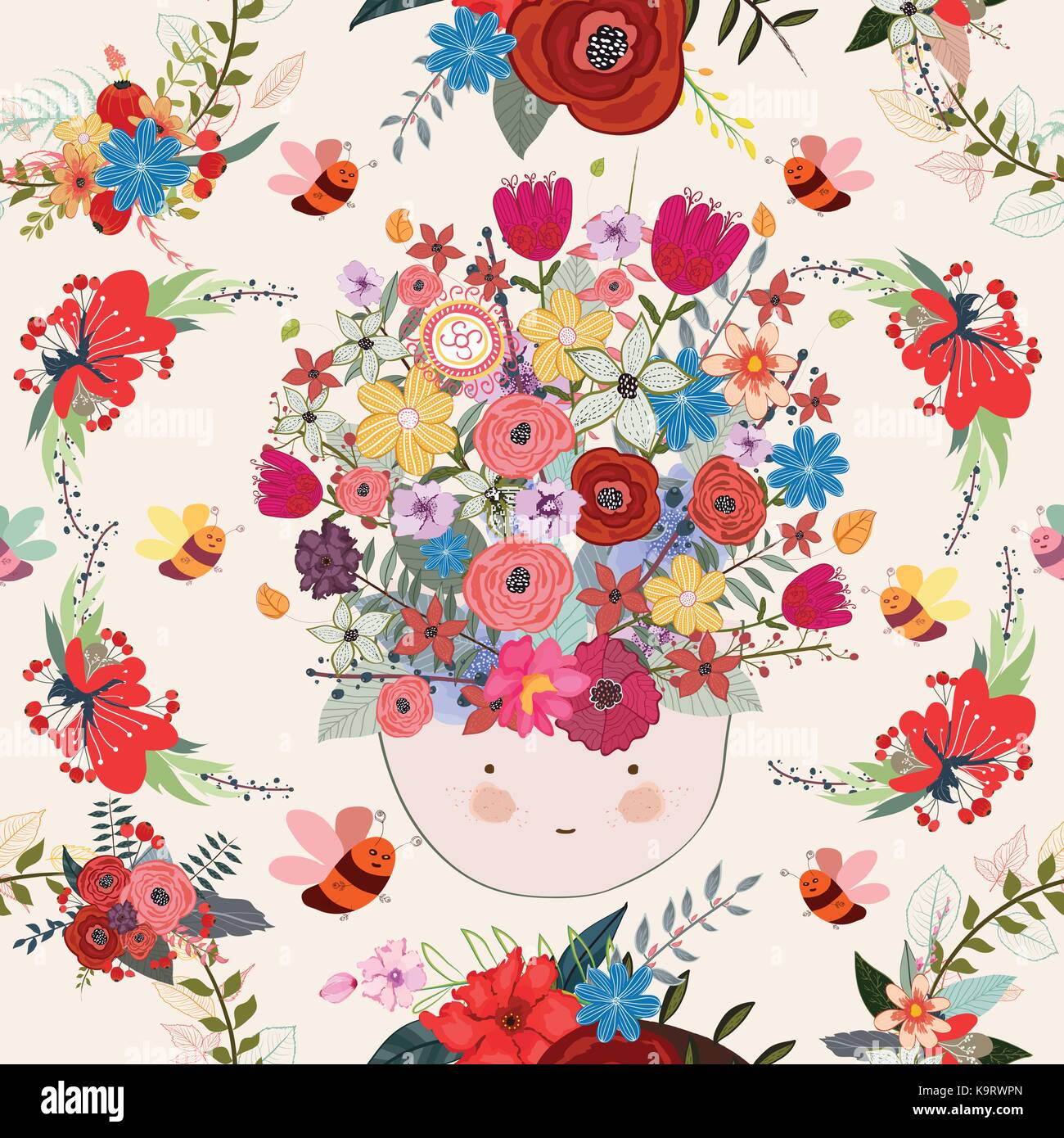 Bee and girl face floral background pattern, flower, seamless Stock ...