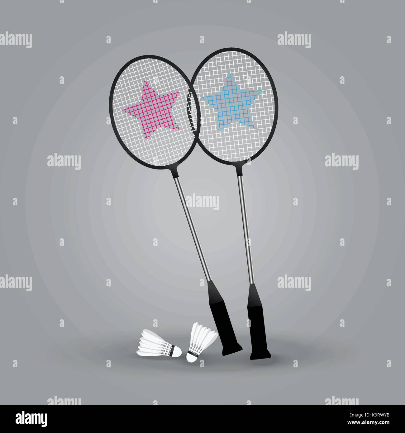 Two badminton rackets with shuttlecock on gray background, vector ...