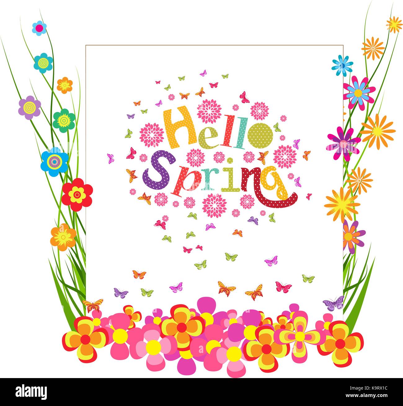 hello spring with grass and butterfly colorful banner Stock Vector ...