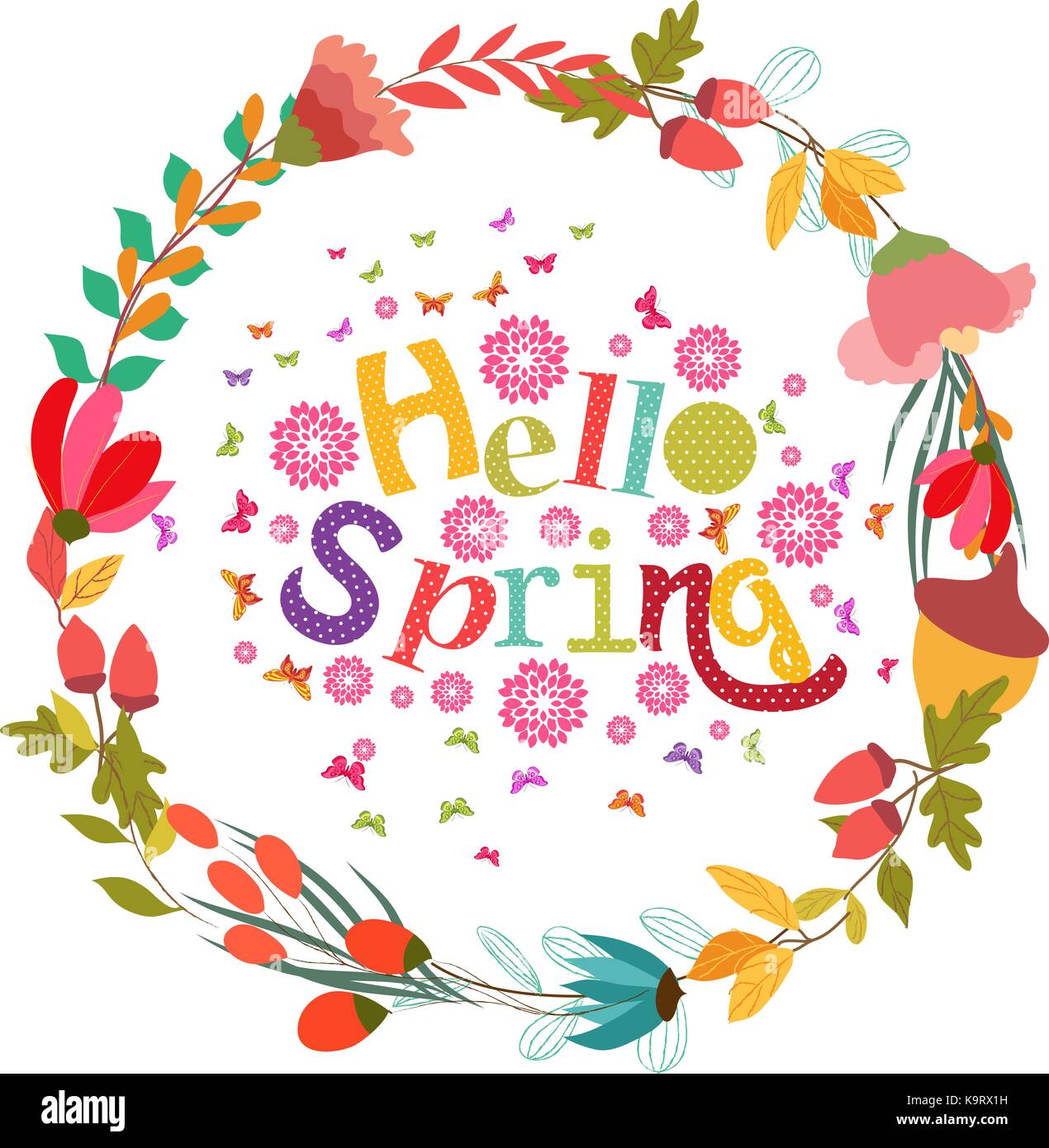 hello spring with flower and butterflies shape of the wreath Stock ...