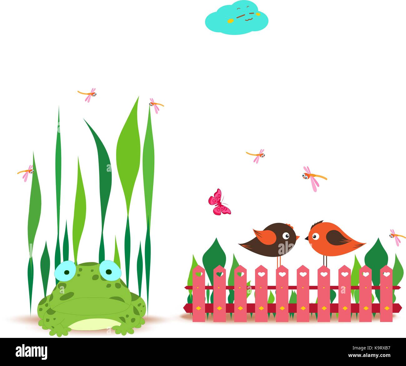 fence with spring couple bird and frog Stock Vector Image & Art - Alamy
