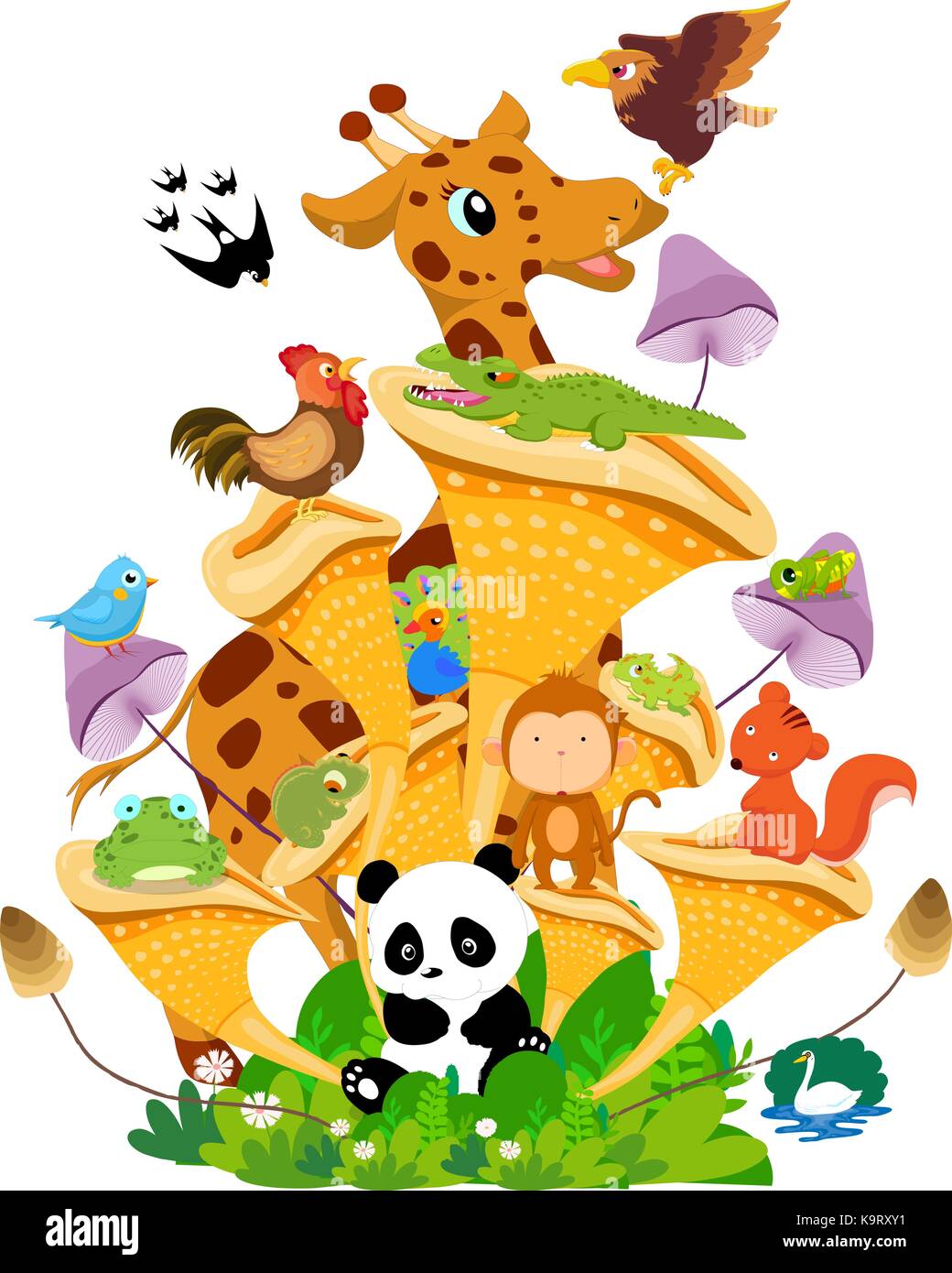 Animals family on the ground. Funny cartoon and vector scene. Objects ...