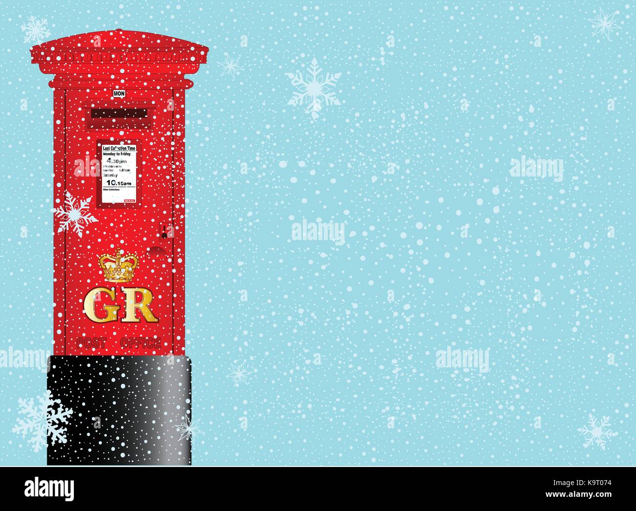 A cold winter snowflake background with falling snow and a red British ...