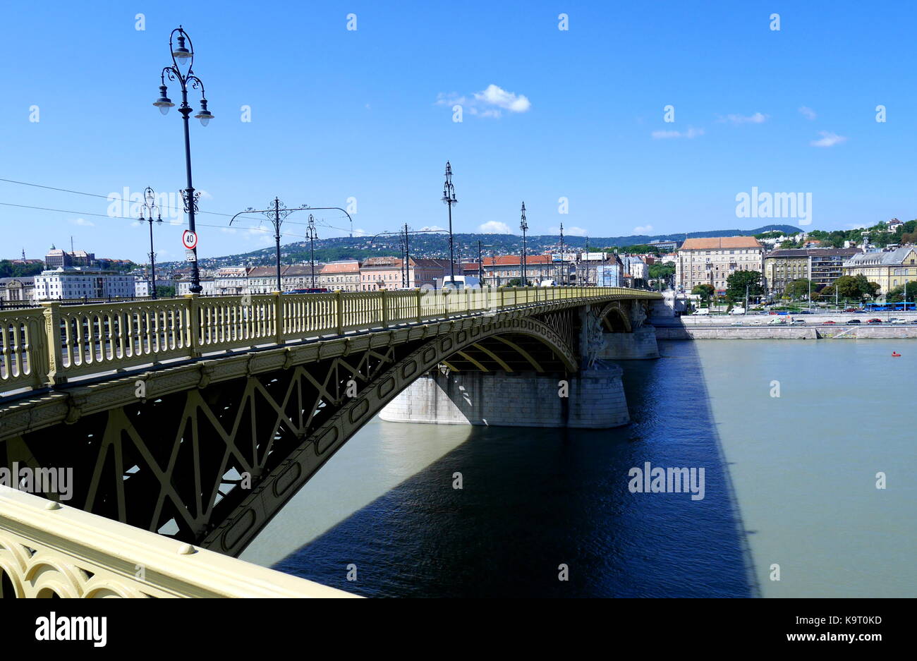 Looking across Margaret Bridge (Margit hid) and the River Danube to ...