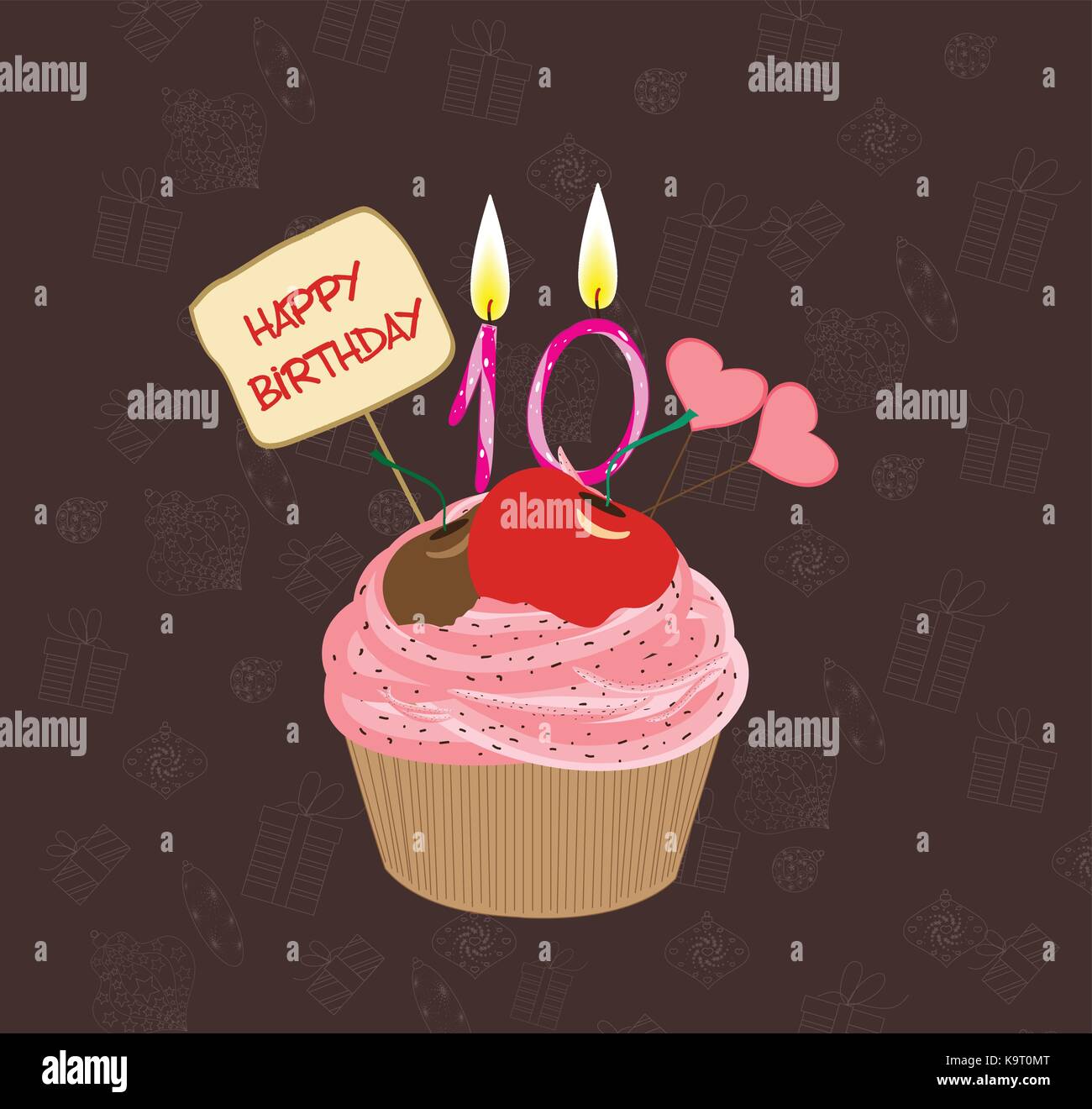Birthday cupcake with lit candle in shape of number ten Stock Vector ...