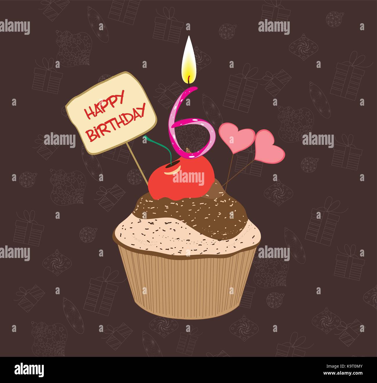 Birthday cupcake with lit candle in shape of number six Stock Vector ...
