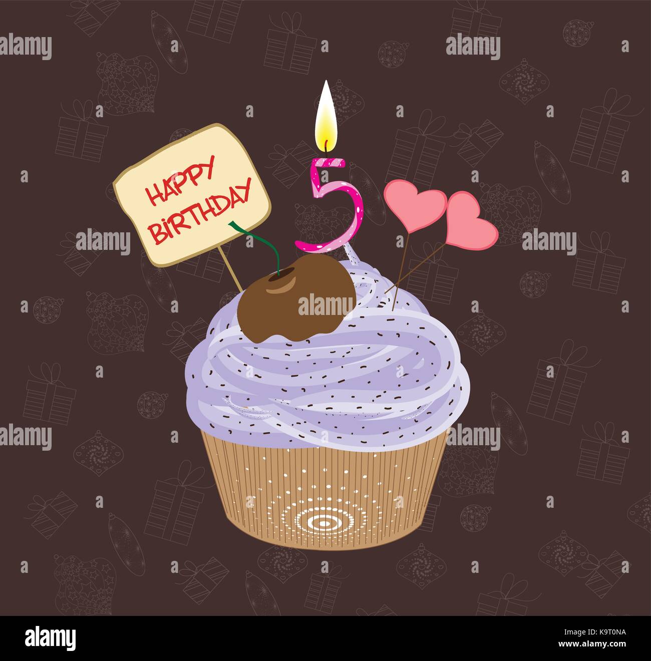 Birthday cupcake with lit candle in shape of number five Stock Vector ...