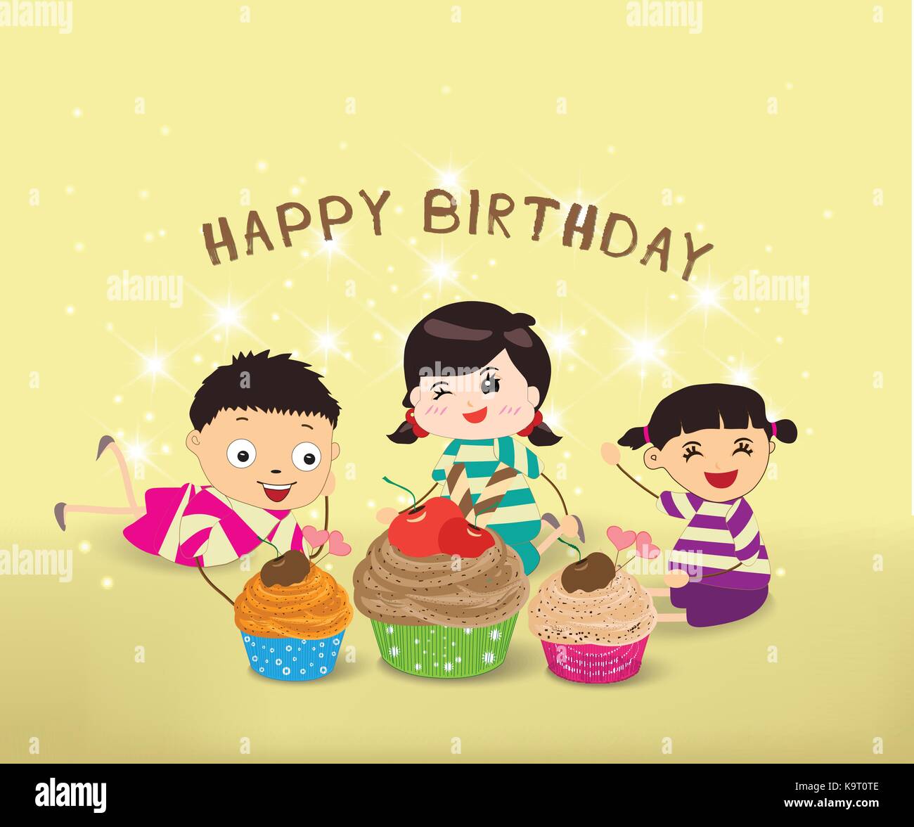 Happy Birthday card with kids and cupcakes Stock Vector Image & Art - Alamy