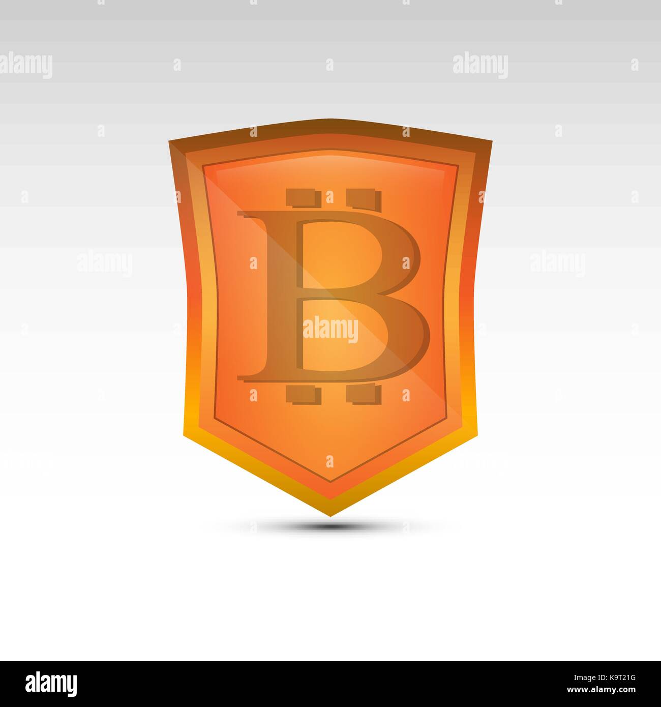 Vector illustration of orange colored shield shaped emblem with bitcoin ...