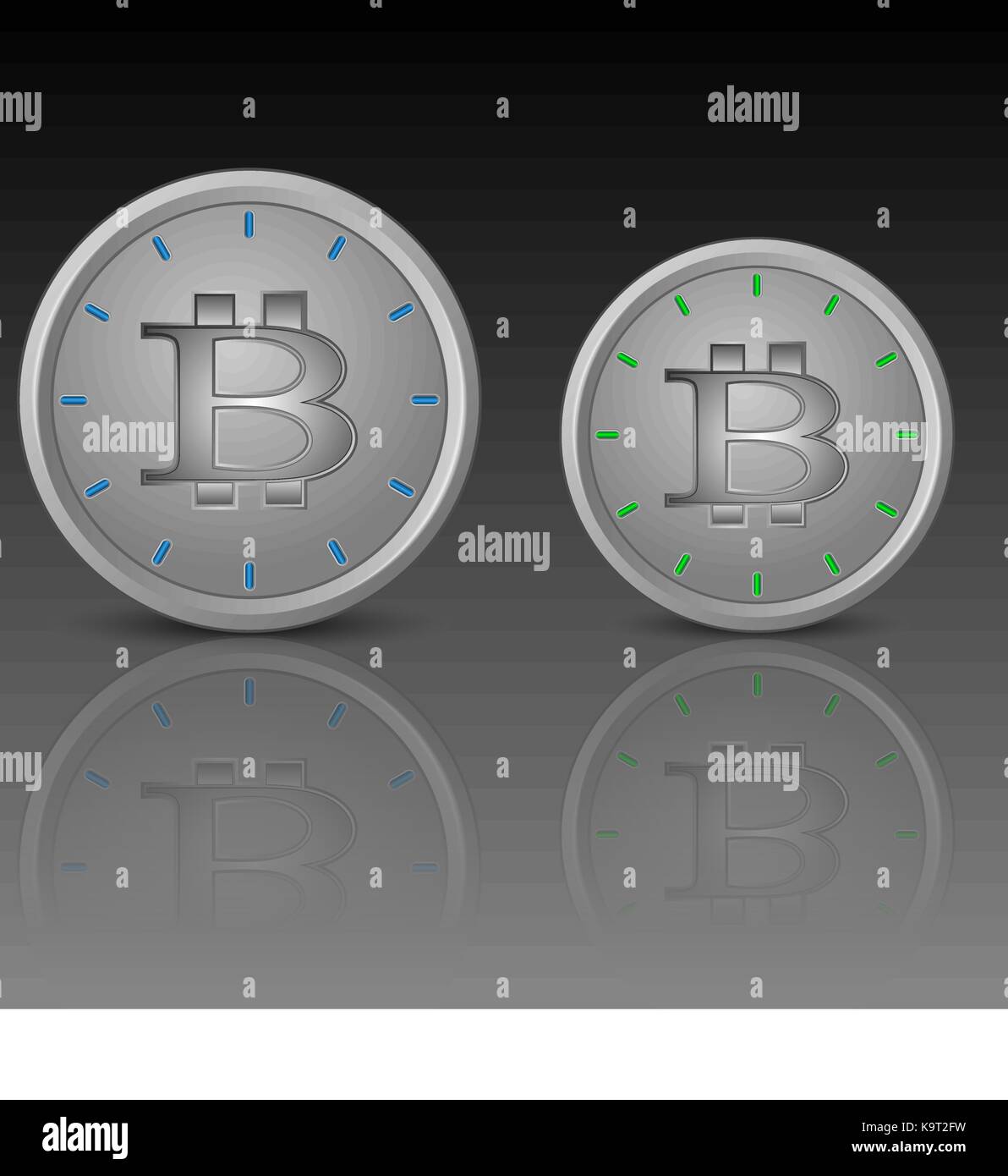 Vector illustration of two circle shaped clock faces with bitcoin signs ...